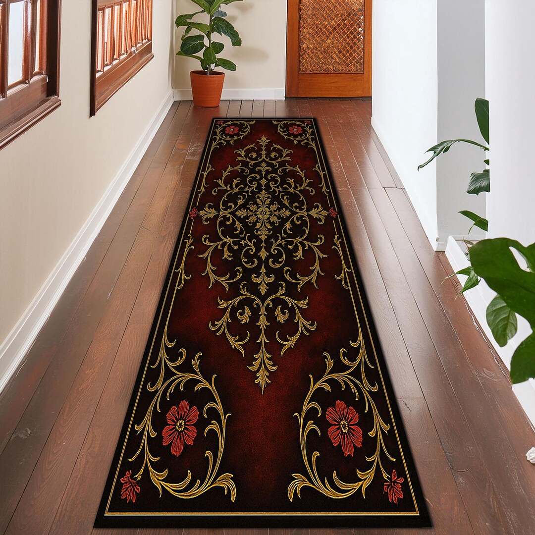 Red and Gold Baroque Runner Rug – Elegant Floral Pattern Hallway Carpet ...