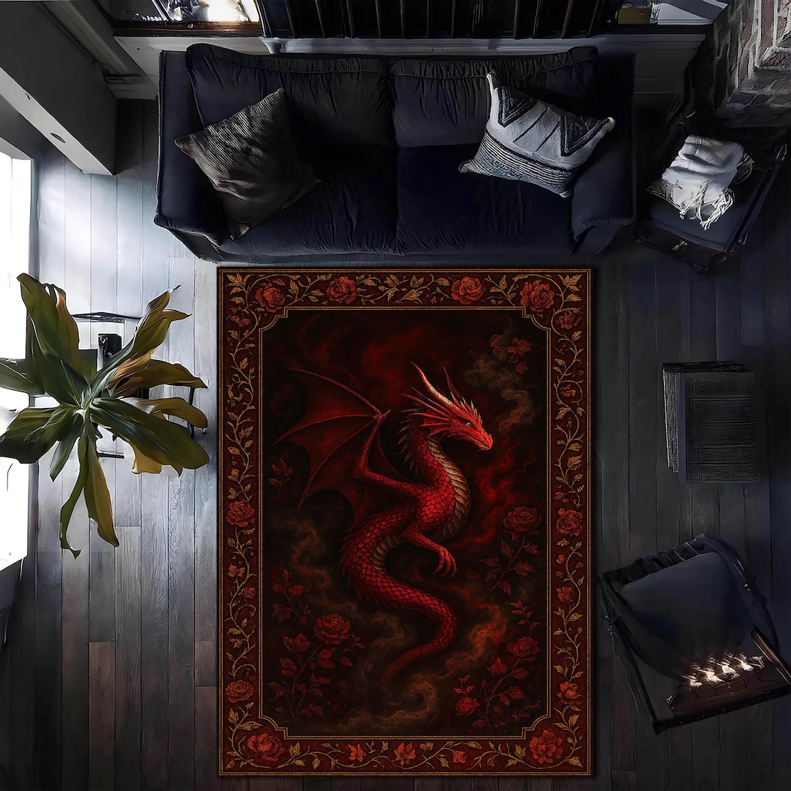 Crimson Dragon Inferno Rug – Red Gothic Carpet With Dragon and Rose ...