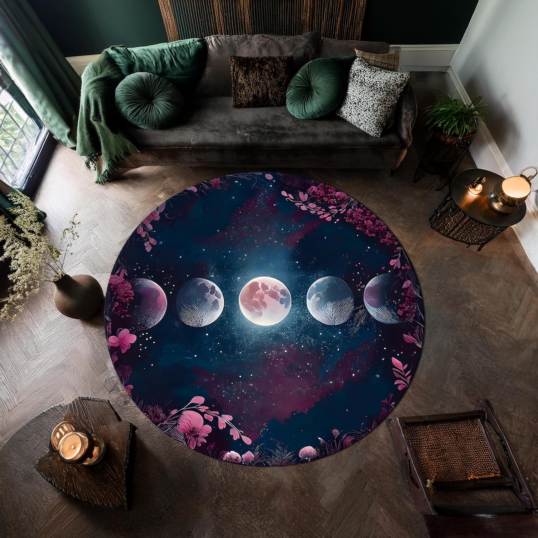Floral Moonlit Rug, Full Moon Phase Rug, Round Rug, Moon Carpet, Round ...