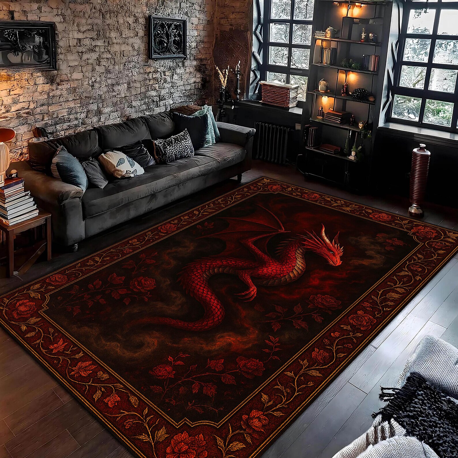 Crimson Dragon Inferno Rug – Red Gothic Carpet With Dragon and Rose ...