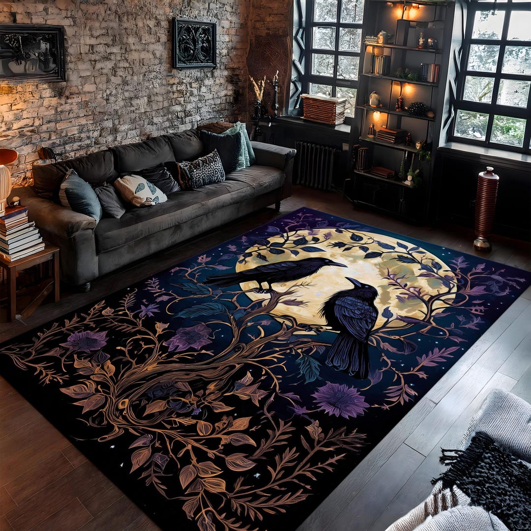 Raven Rug for Goth Room, Floral Raven Rug, Dark Academia Crow Rug ...