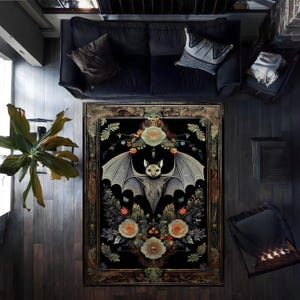 Floral Bat Figure Rug for Gothic Room Decor, Dark Academia Rug ...