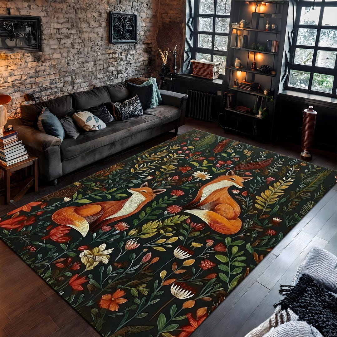 Orange Fox Rug, Floral Animal Rug, Fox and Flower Decor, Vintage Decor ...