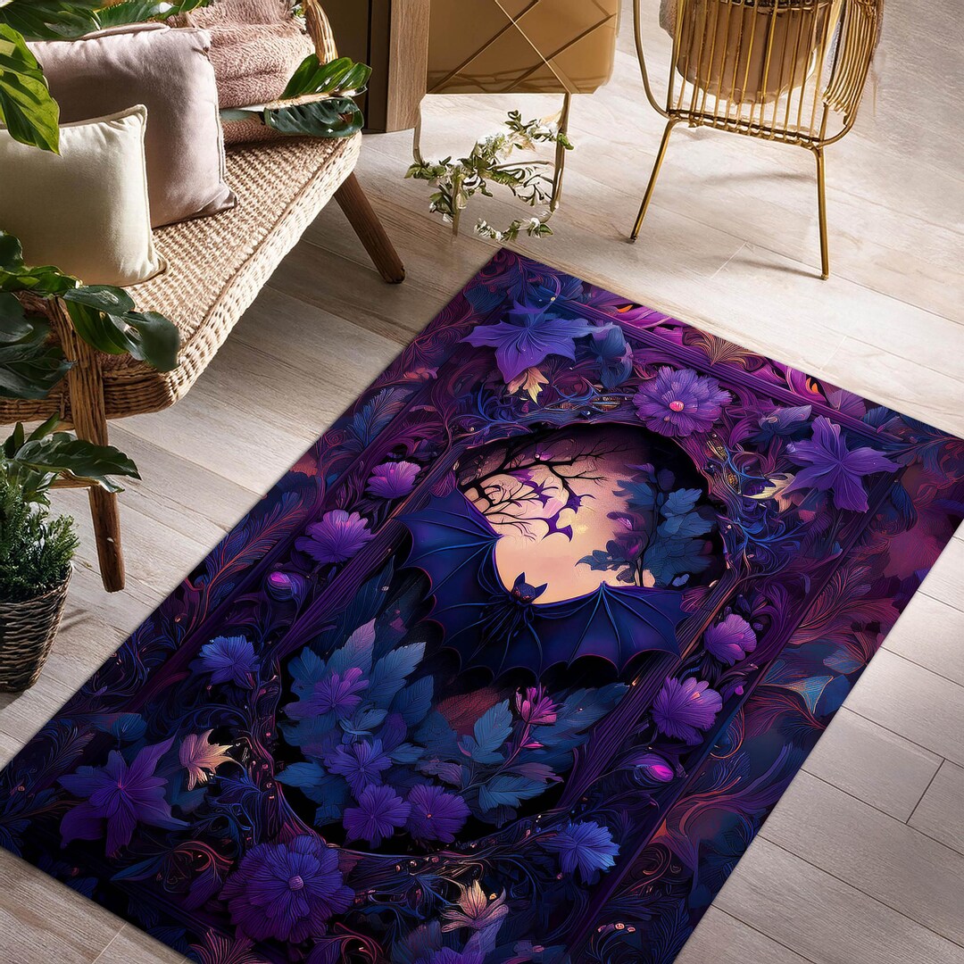 Purple Gothic Rug for Goth Room Decor, Bat Rug for Witchy Room Decor ...