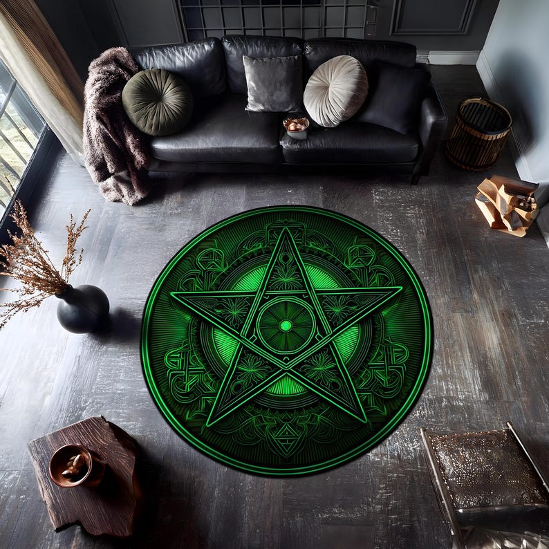 Neon Green Pentagram Rug, Pentacle Symbol Rug, Round Devil Rug, Satan ...