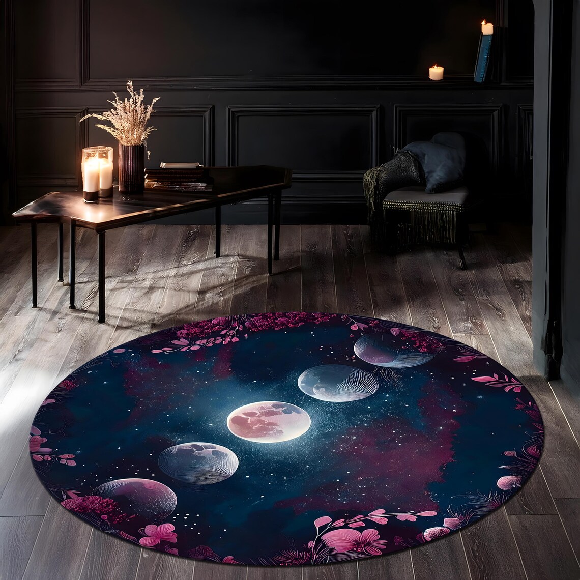 Floral Moonlit Rug, Full Moon Phase Rug, Round Rug, Moon Carpet, Round ...