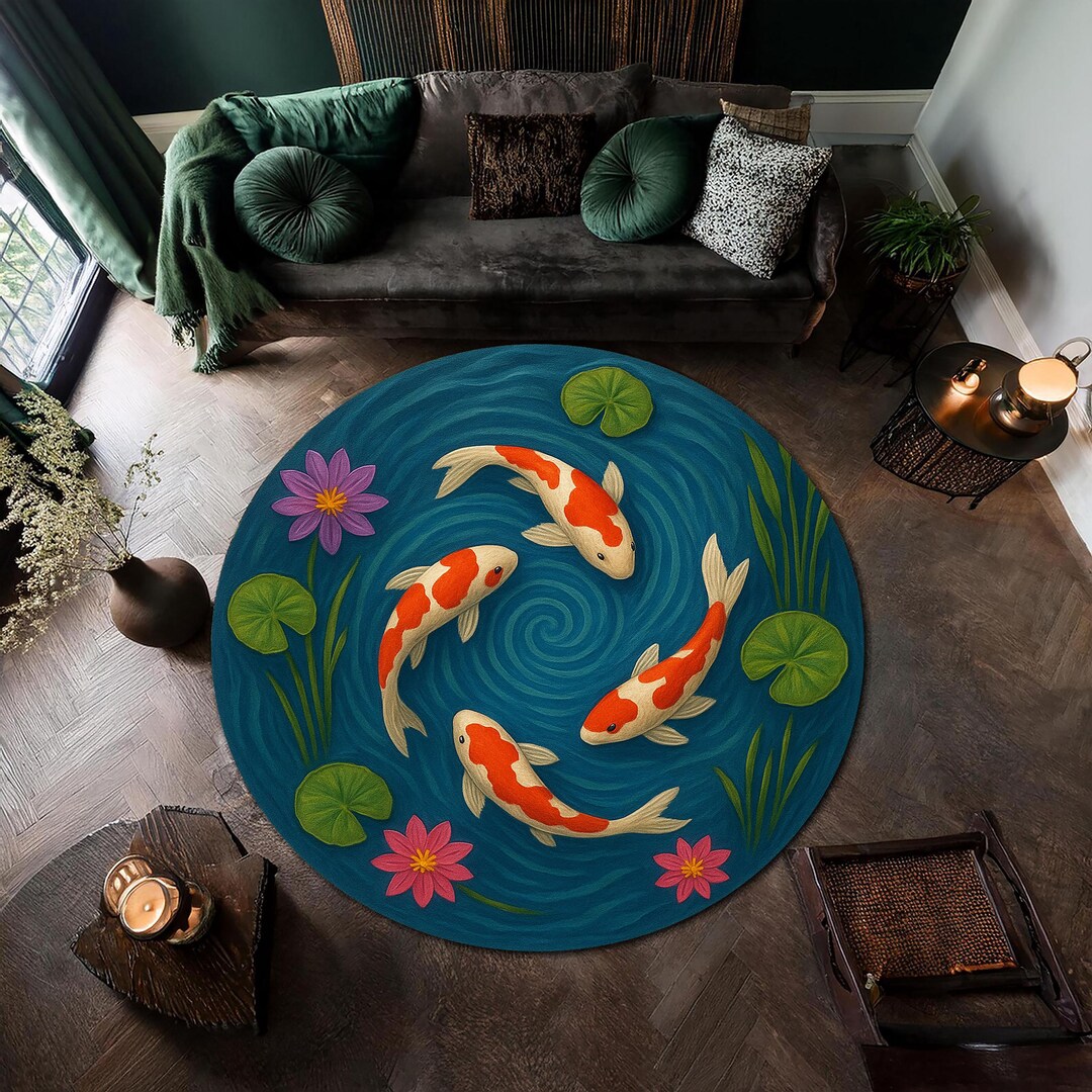 Koi Fish Round Rug With Lotus Flowers, Zen Inspired Japanese Style ...