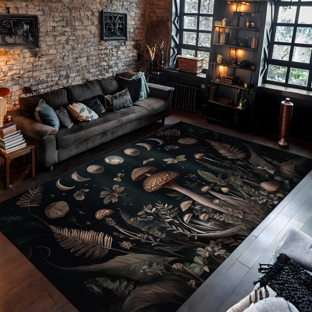 Mushroom and Moon Phase Rug, Floral Rug, Wiccan Rug, Witch Decor ...