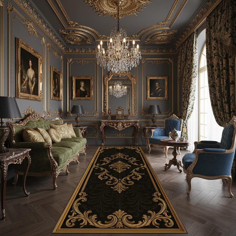Black and Gold Baroque Runner Rug – Elegant Hallway Carpet With Ornate ...