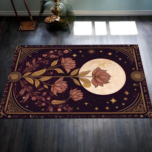 Floral Boho Area Rug, Flowers and Moon Rug, Ethereal Bohemian Rug ...