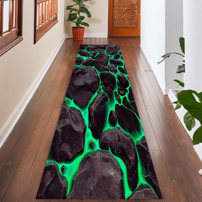 Hot Lava Rug, Volcano Hallway Rug, Lava Pattern Rug, 3D Stone and Green ...