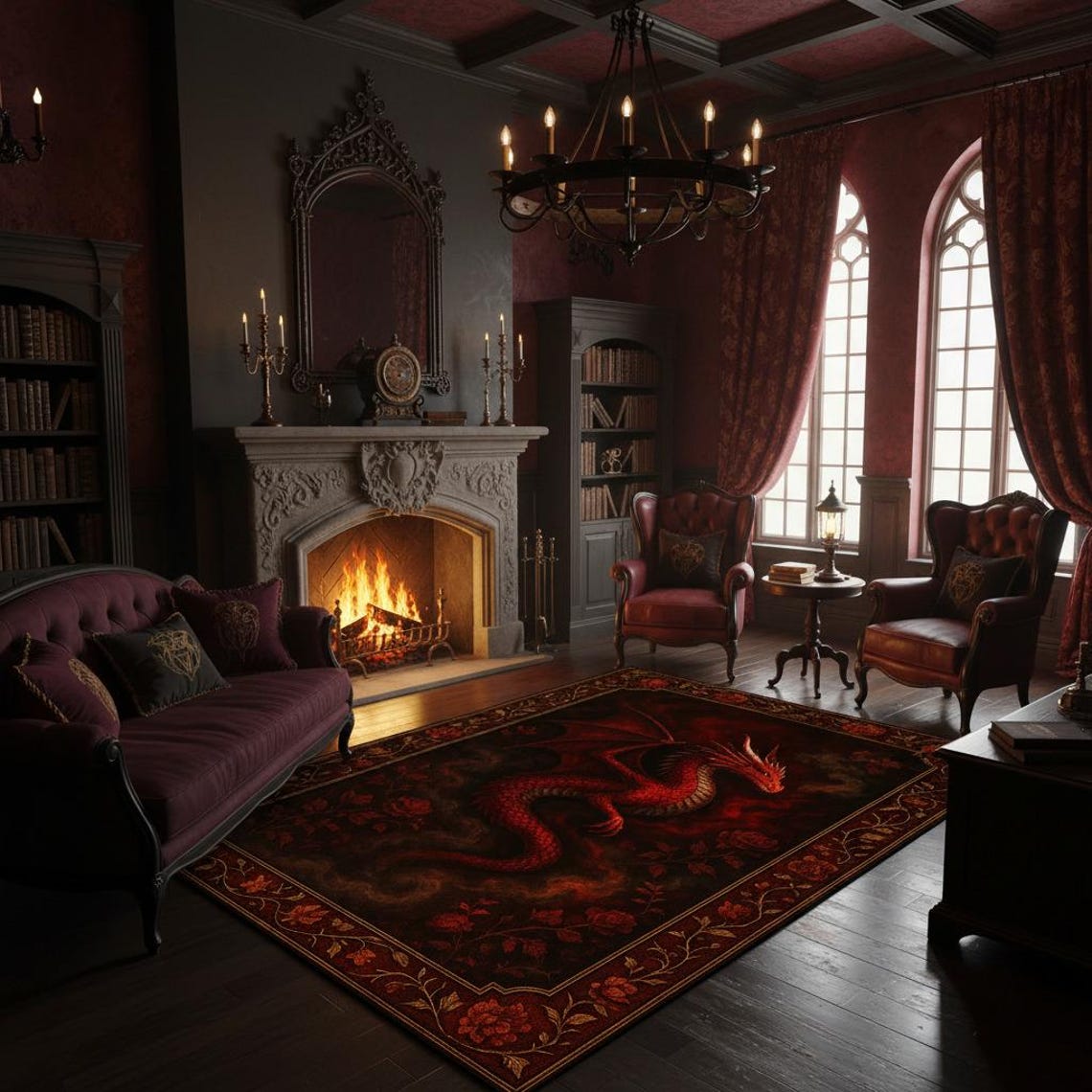 Crimson Dragon Inferno Rug – Red Gothic Carpet With Dragon and Rose ...