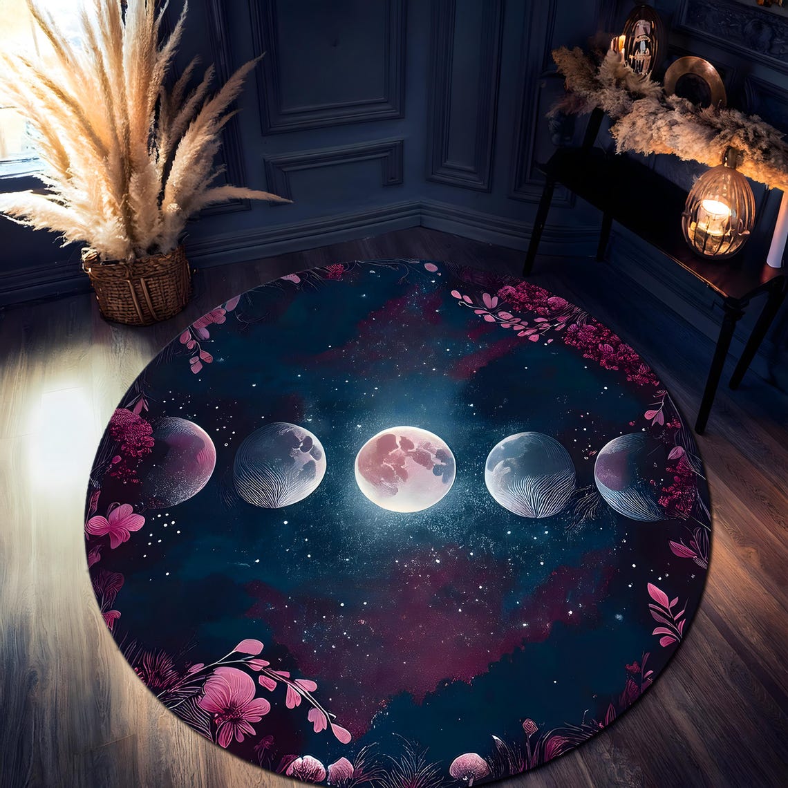 Floral Moonlit Rug, Full Moon Phase Rug, Round Rug, Moon Carpet, Round ...