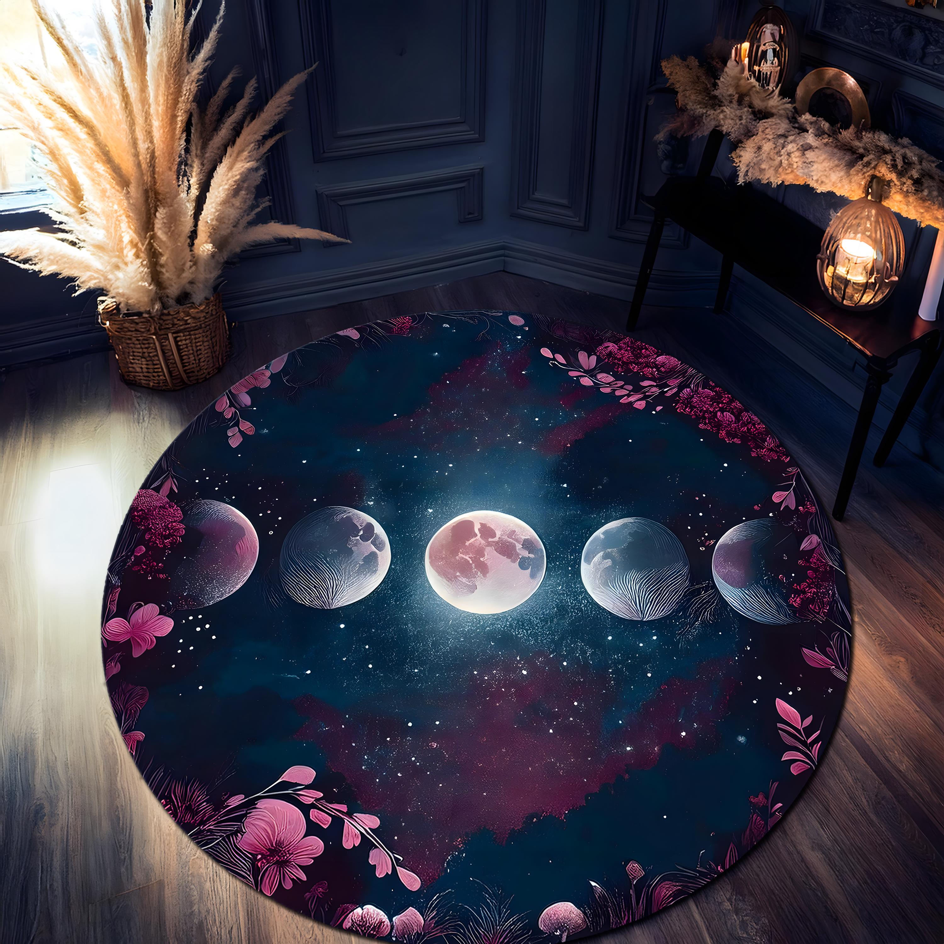 Floral Moonlit Rug, Full Moon Phase Rug, Round Rug, Moon Carpet, Round ...