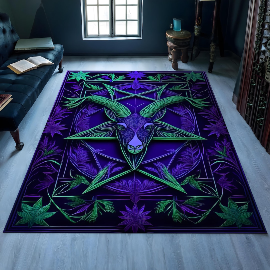 Neon Devil Rug, Goat Rug, Baphomet Rug, Neon Green Purple Gothic Carpet ...
