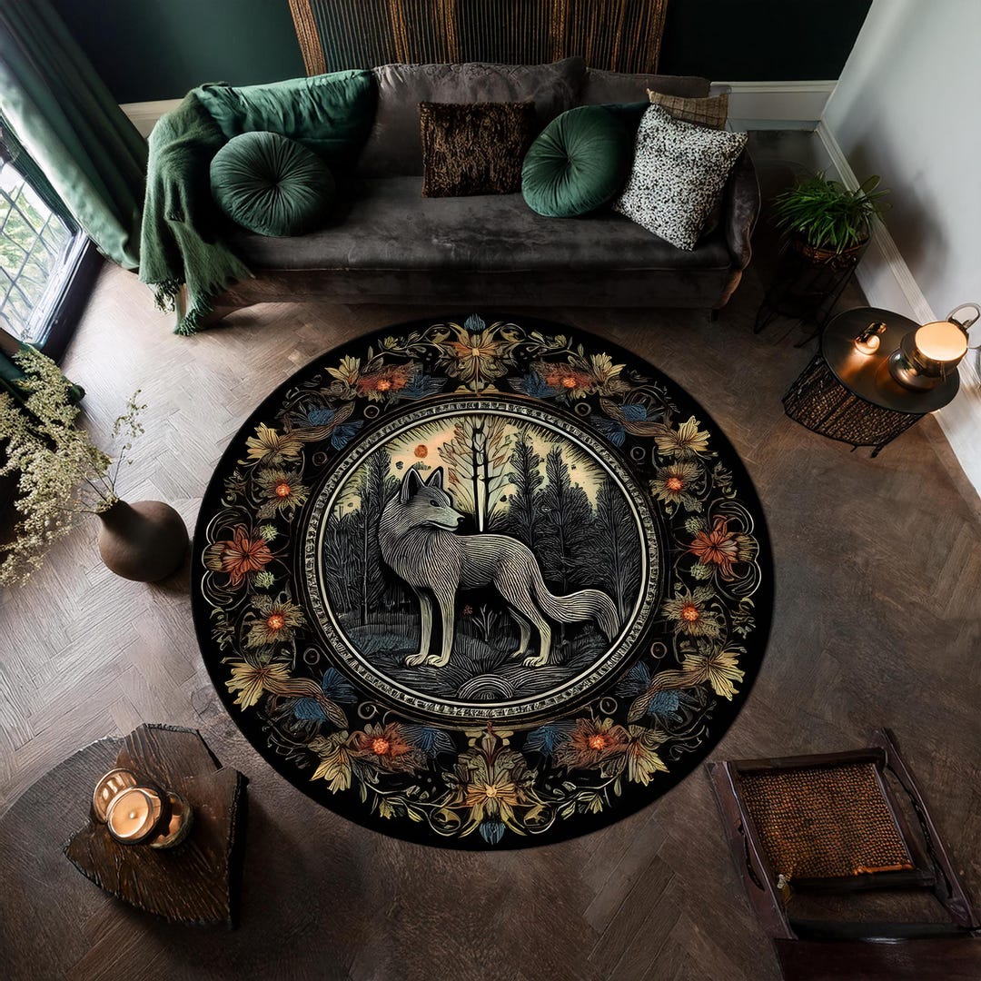Wolf Round Rug, Wolf Decor, Dark Cottagecore Rug, Whimsigoth Mystical ...
