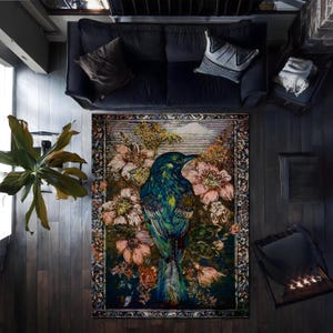 Vintage Bird Rug, Floral Area Rug, Flower Rug, Botanic Design Decor for ...