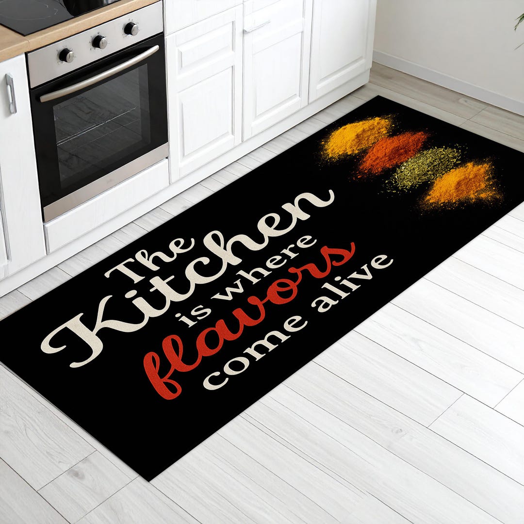 Kitchen Flavors Runner Rug - Quote Cooking Mat With Spices Design ...