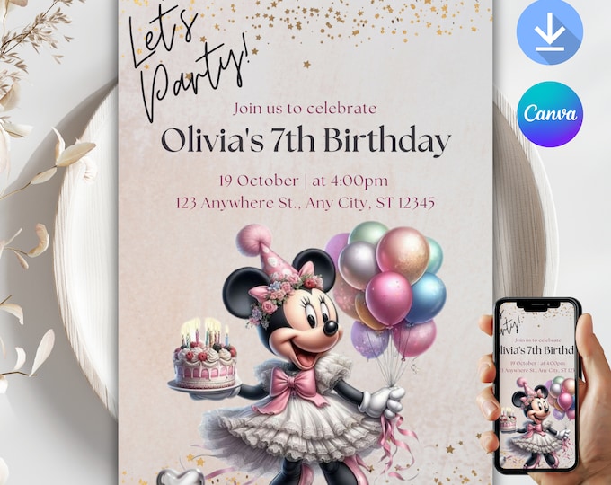 Invitación de cumpleaños editable de Minnie Mouse rosa claro, invitación de cumpleaños para ...