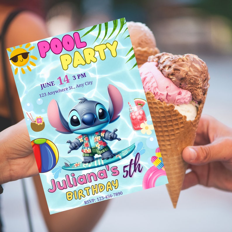 Editable Stitch Pool Party Birthday Invitation Template Summer Pool ...
