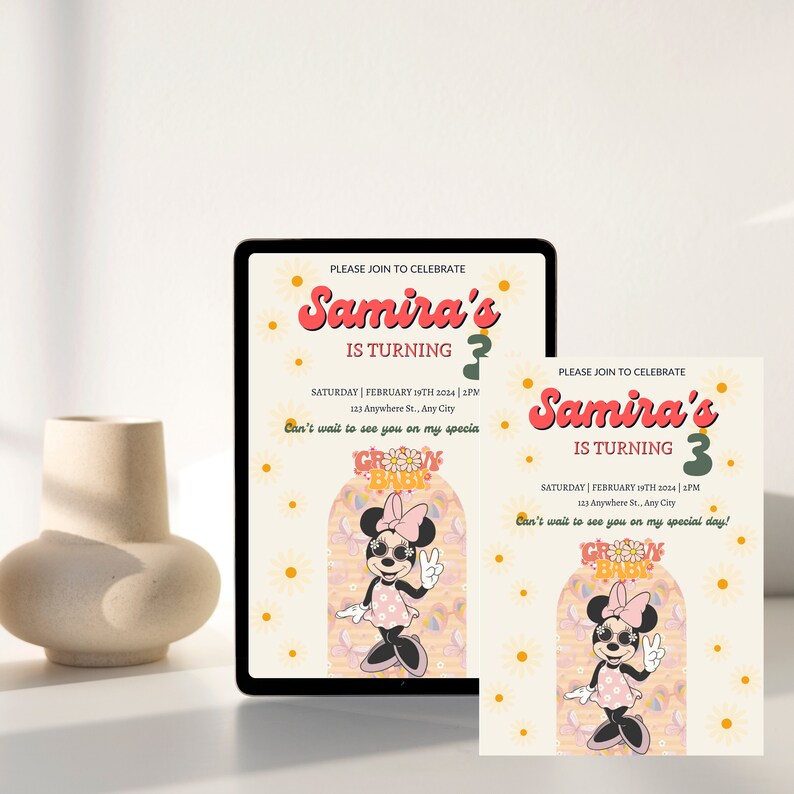 Editable Groovy Minnie Invitation Two Groovy Retro Daisy Minnie Mouse ...