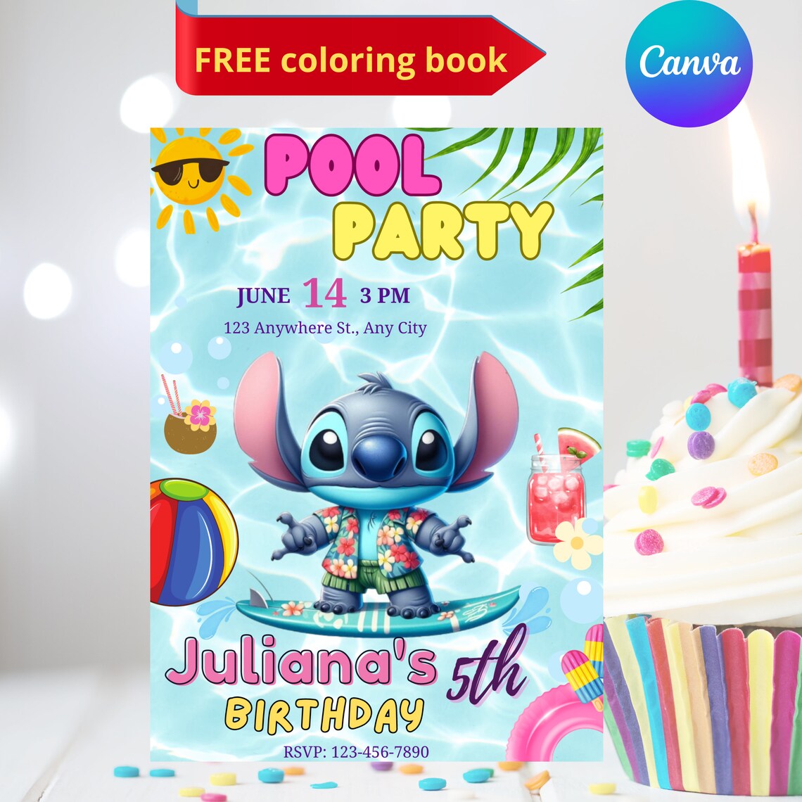 Editable Stitch Pool Party Birthday Invitation Template Summer Pool ...