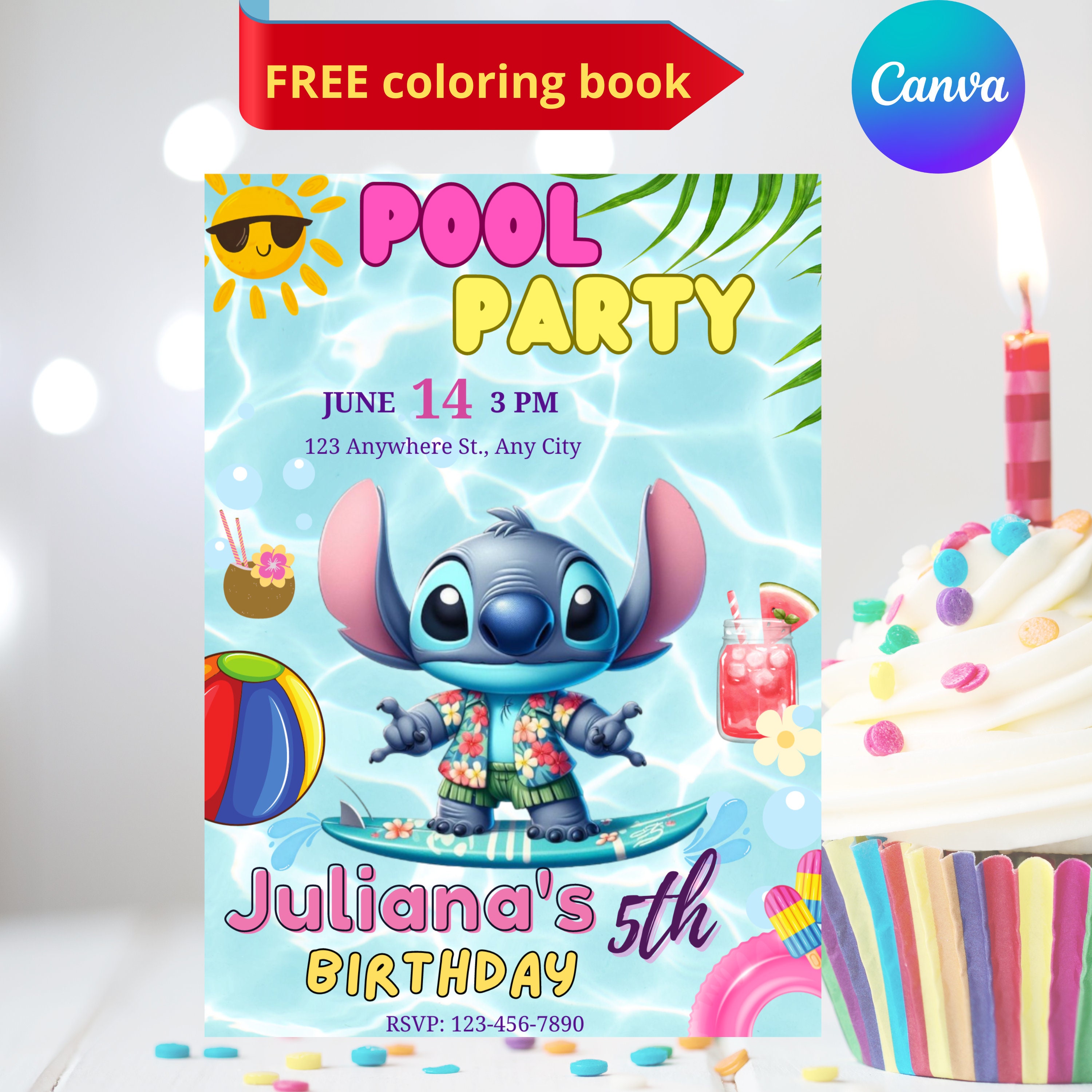 Editable Stitch Pool Party Birthday Invitation Template Summer Pool ...