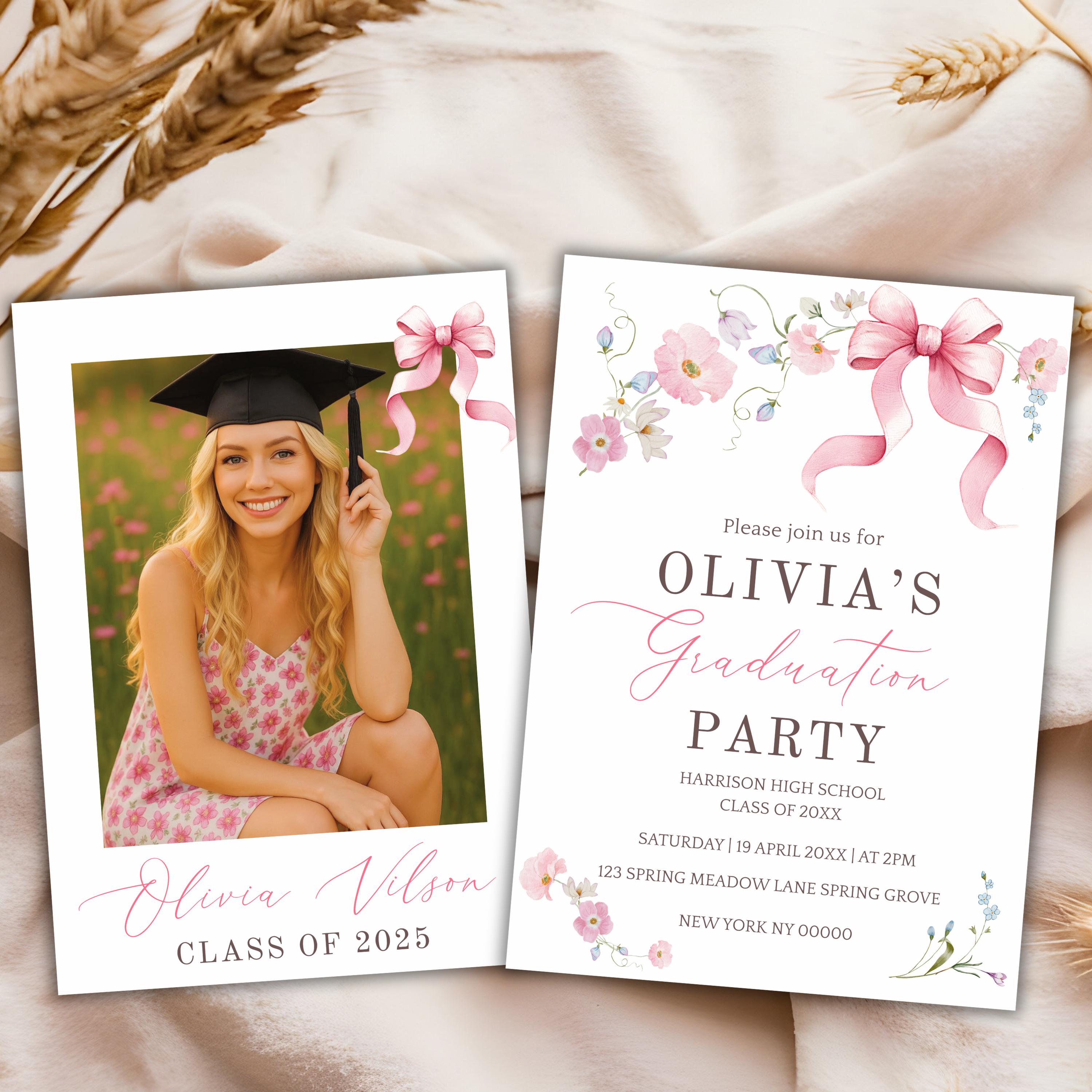Wildflower Graduation Party Invitation: Pink Bow, Boho Floral (digital ...