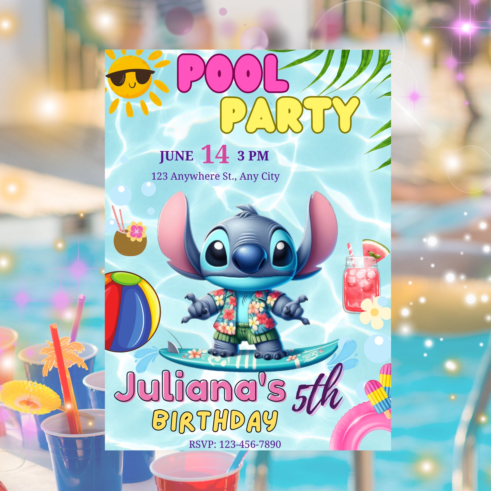 Editable Stitch Pool Party Birthday Invitation Template Summer Pool ...