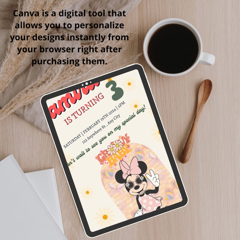 Editable Groovy Minnie Invitation Two Groovy Retro Daisy Minnie Mouse ...