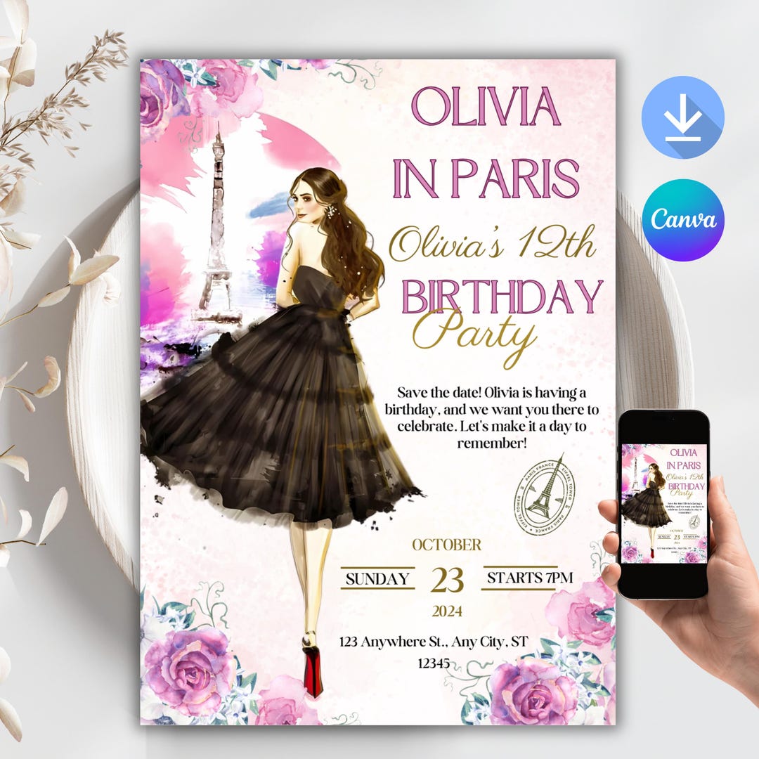 Paris Birthday Invitation Template: Eiffel Tower, Pink Floral (editable ...