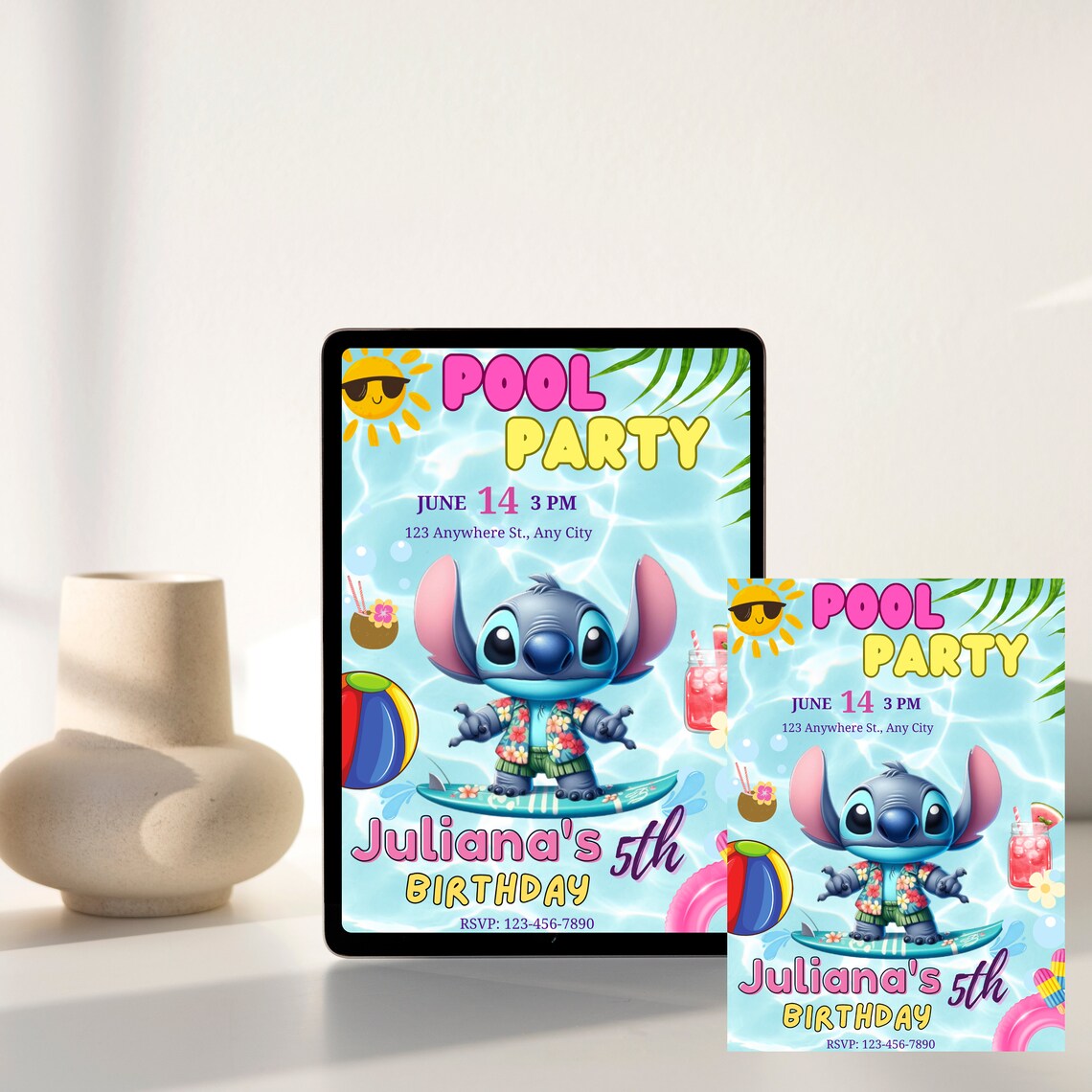 Editable Stitch Pool Party Birthday Invitation Template Summer Pool ...