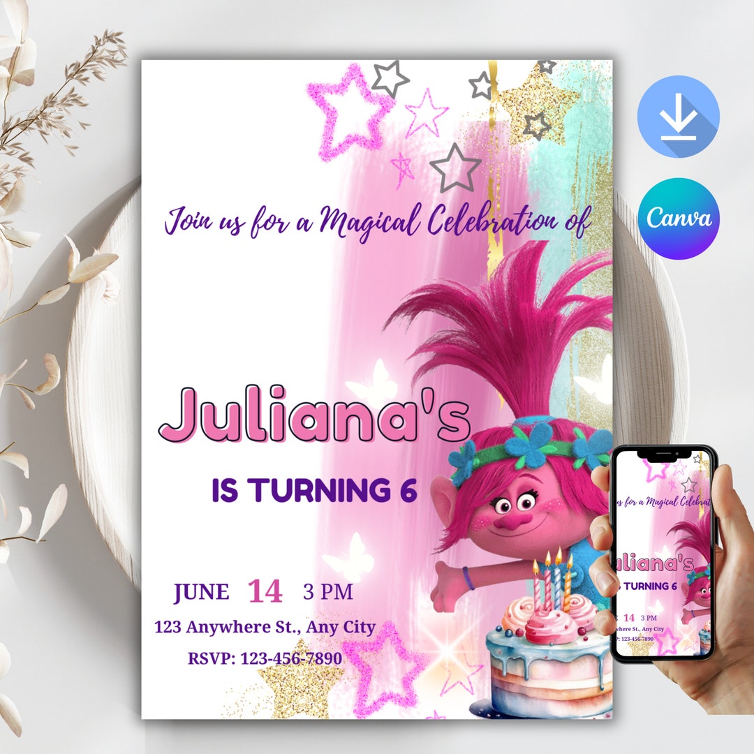 Trolls Birthday Invitation Girl Trolls Birthday Party Invite Kids ...