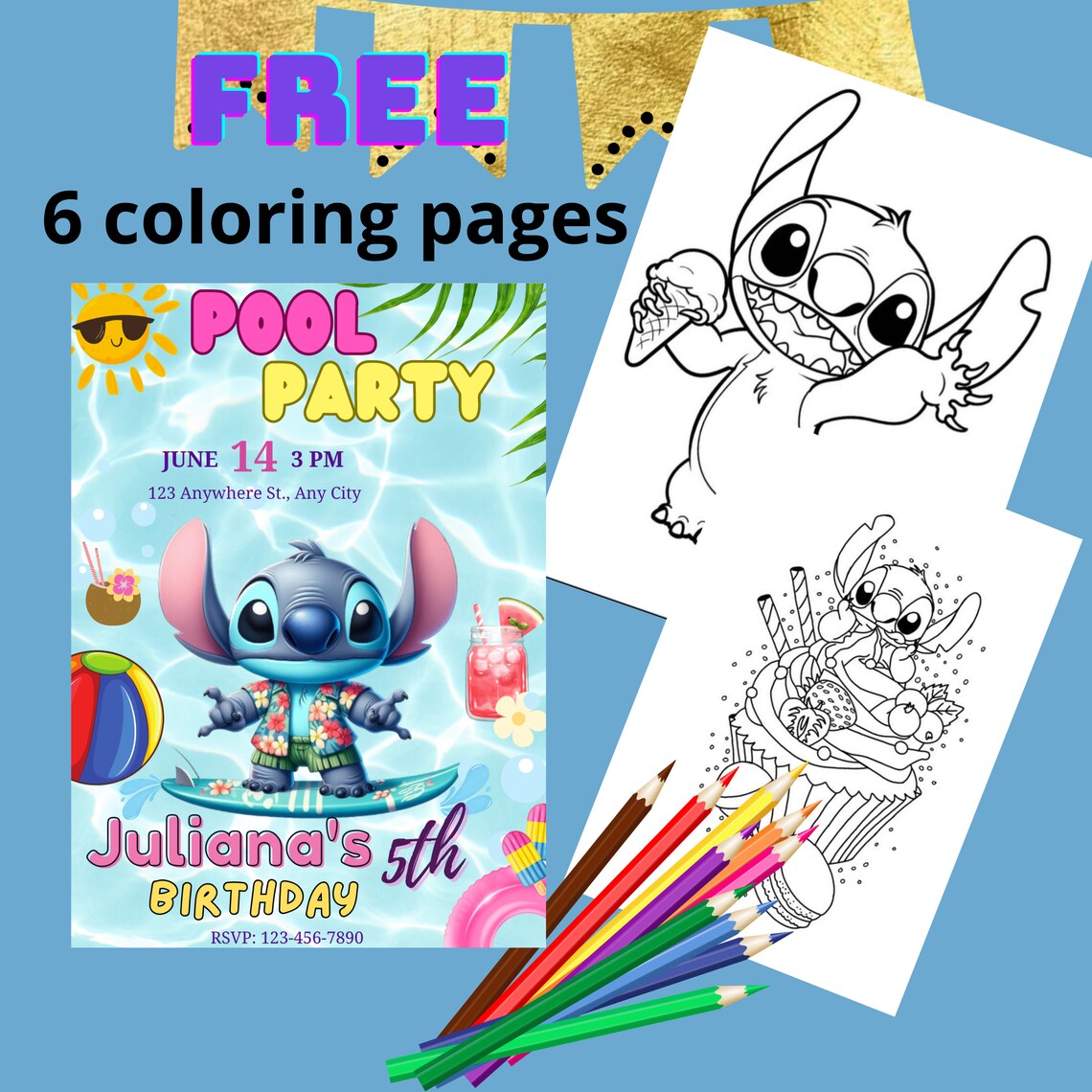 Editable Stitch Pool Party Birthday Invitation Template Summer Pool ...