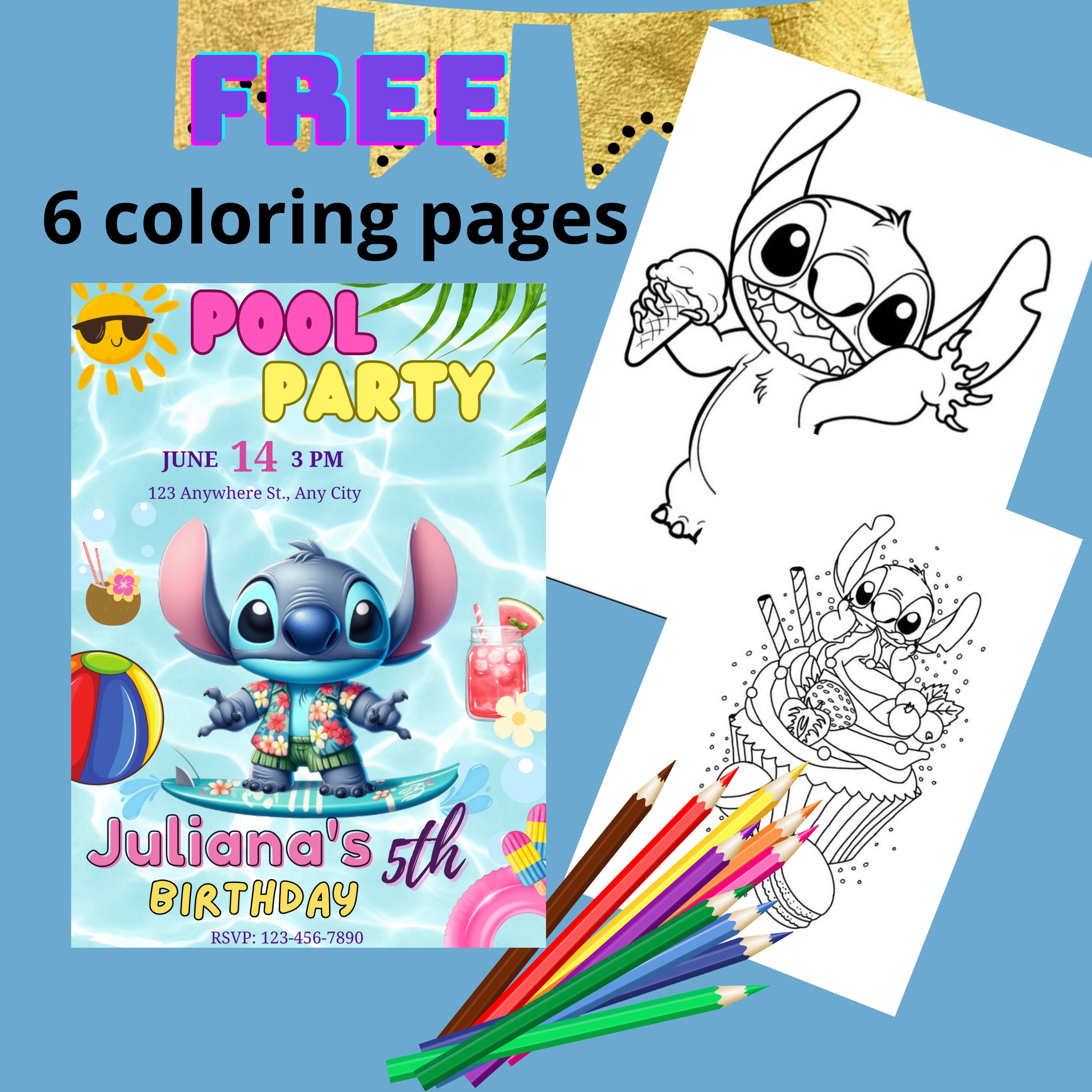 Editable Stitch Pool Party Birthday Invitation Template Summer Pool ...