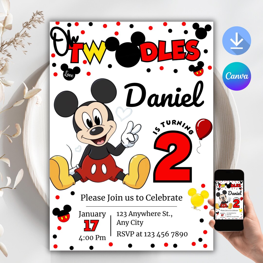 Mickey Mouse 2nd Birthday Invitation: Oh Twodles, Editable Template ...