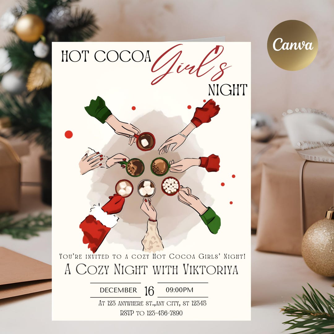 Hot Cocoa Girls Night Invitation, Cozy Christmas Party Evite, Editable ...