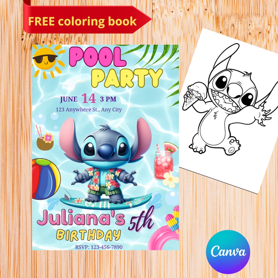 Editable Stitch Pool Party Birthday Invitation Template Summer Pool ...