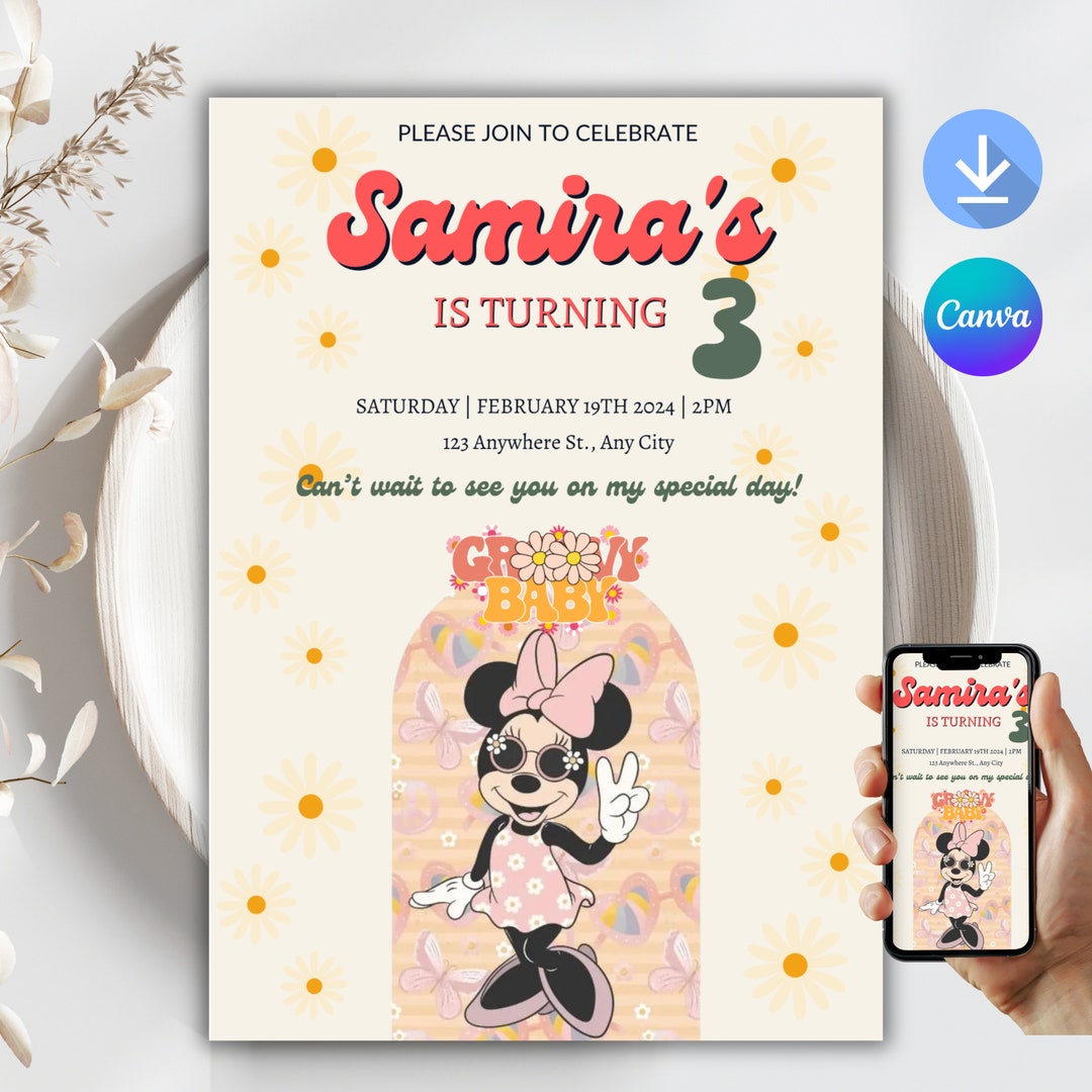 Editable Groovy Minnie Invitation Two Groovy Retro Daisy Minnie Mouse ...