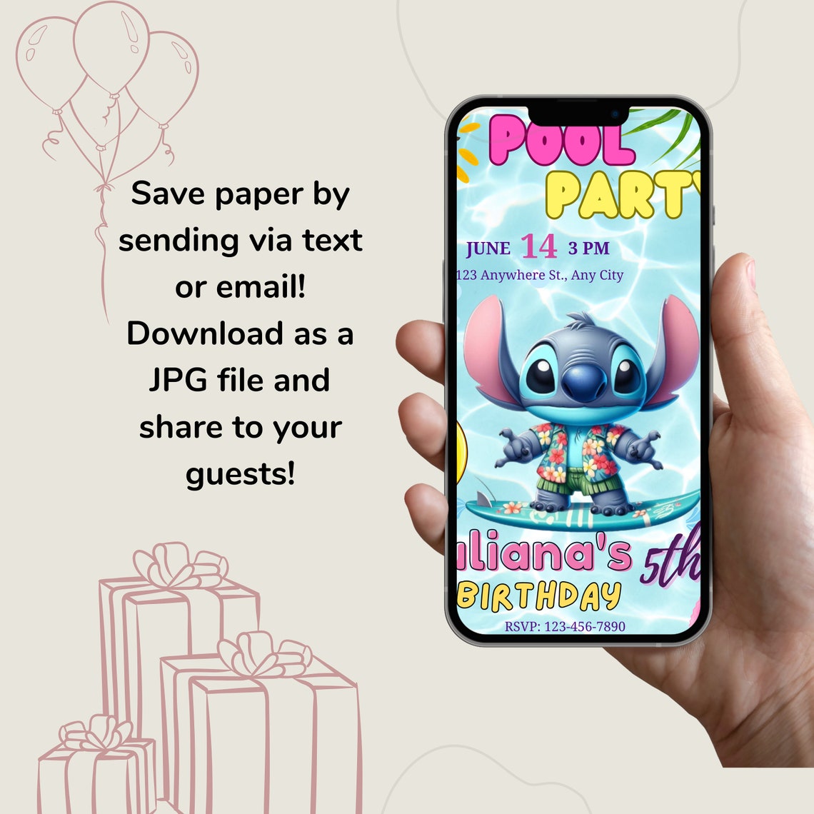 Editable Stitch Pool Party Birthday Invitation Template Summer Pool ...