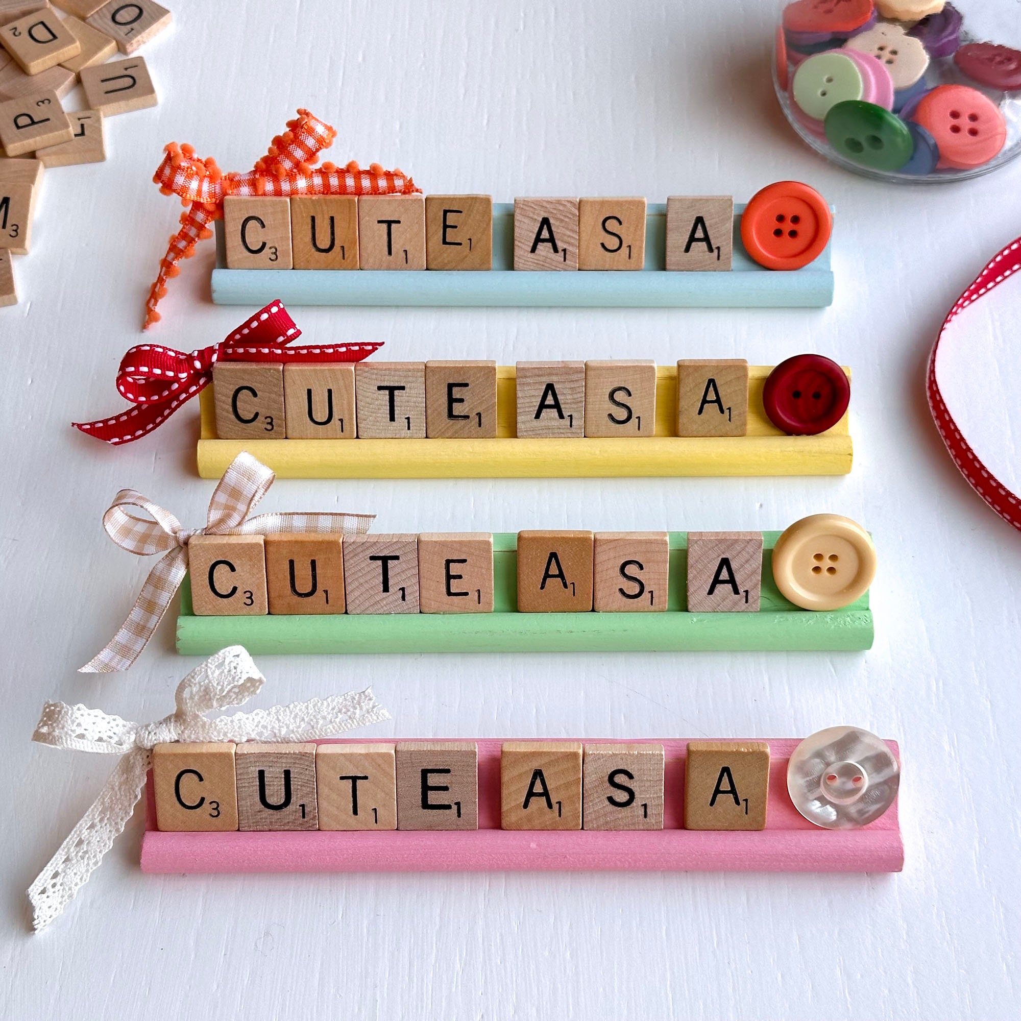 Vintage “CUTE AS A” Button Scrabble Letter Word Tile Holder, Shabby ...