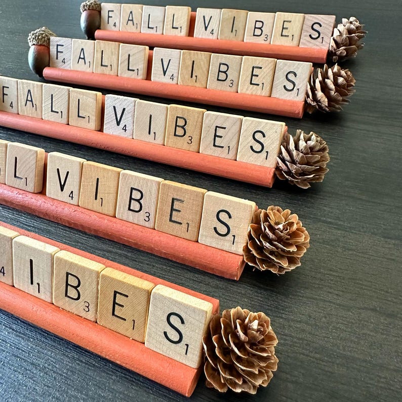 Vintage Rustic “FALL VIBES” Scrabble Letter Word Tile Holder With ...