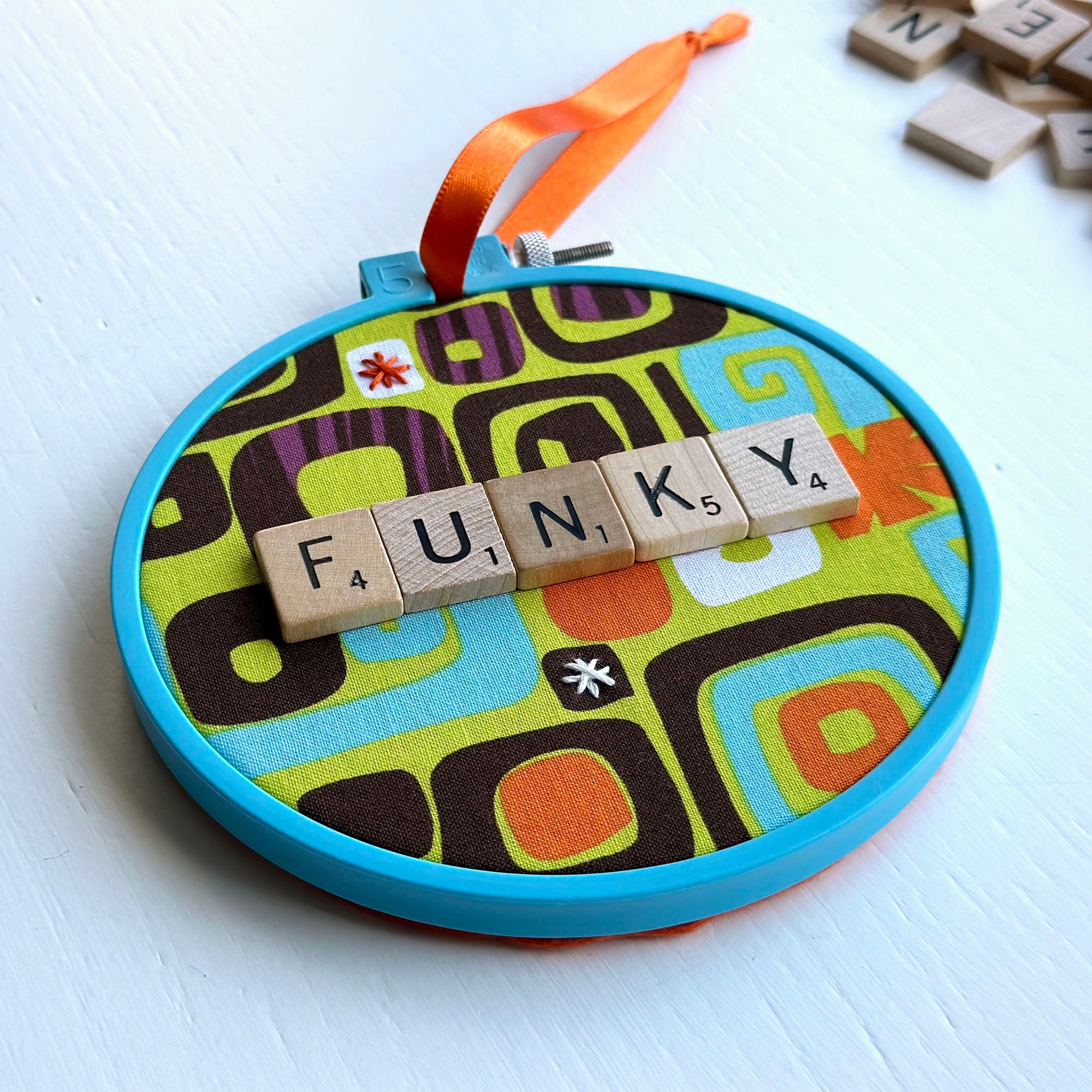 Vintage “FUNKY” and “RETRO” Scrabble Letter Word Tiles on Fabric in ...