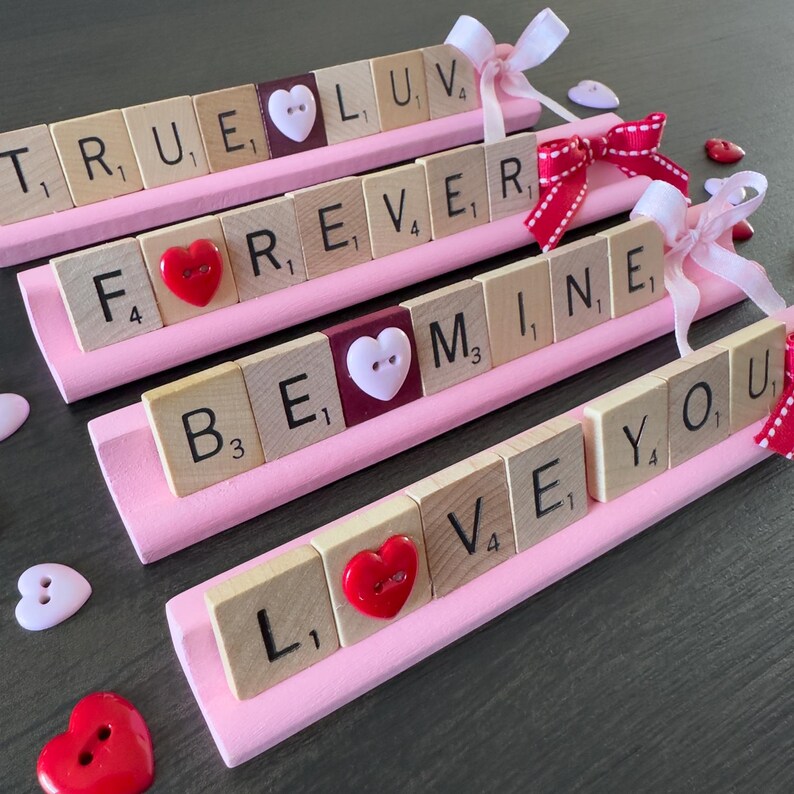 Vintage Valentine Scrabble Tile Decor, Heart Button and Ribbon ...