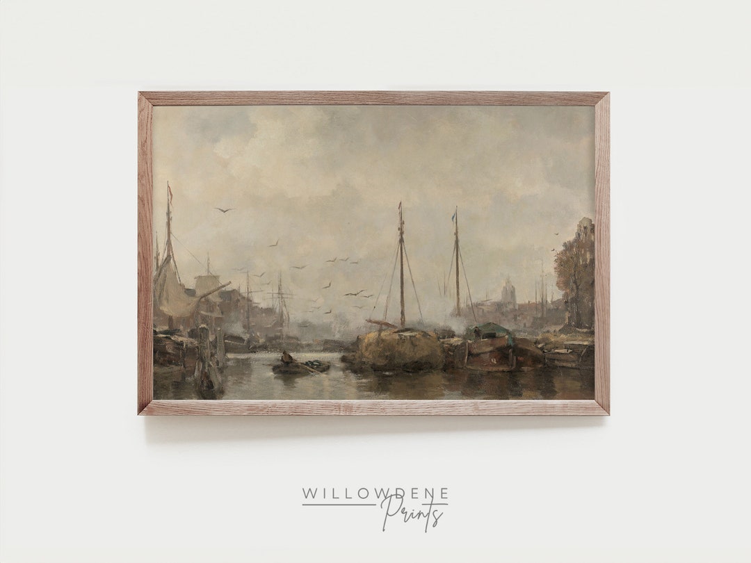 Vintage Harbour Scene Printable Art, Rustic Cityscape Wall Art, Neutral ...