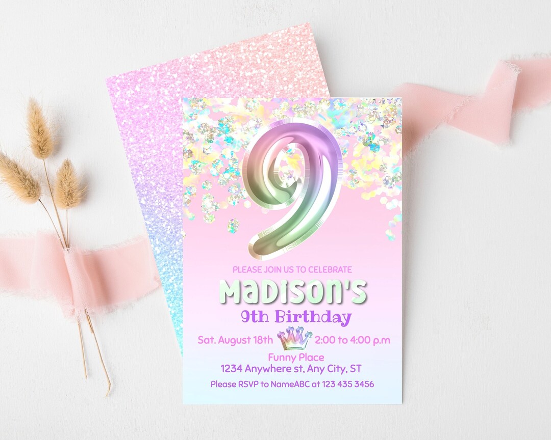 9th Birthday Invitation Template, Nineth Rainbow Glitter Birthday ...