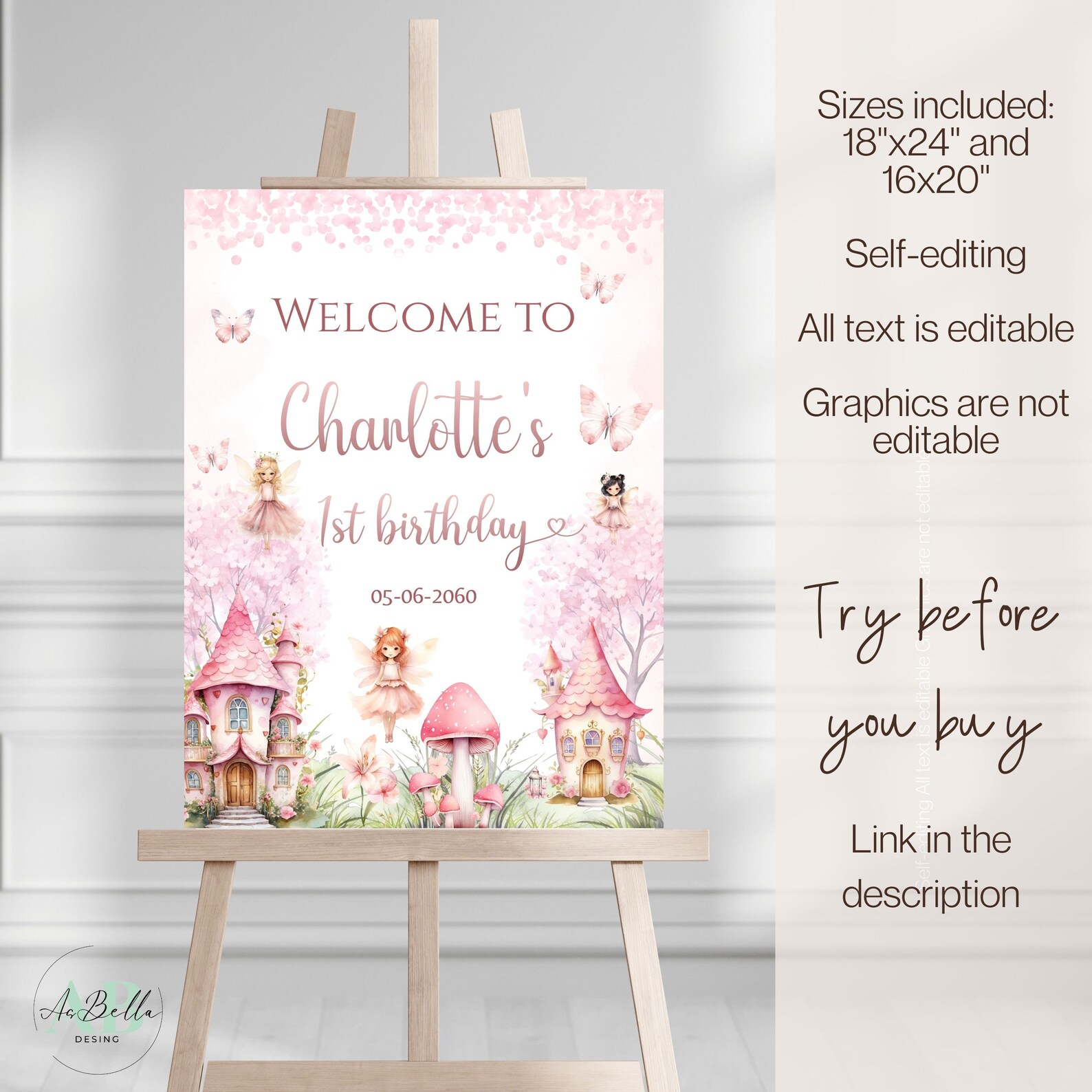 Editable Fairy Birthday Welcome Sign Template, Fairy First Birthday ...