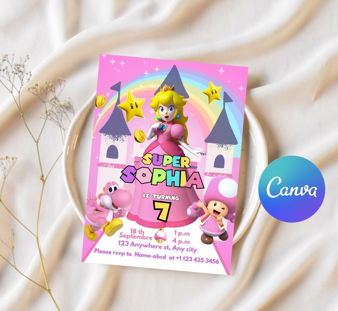 Princess Peach Birthday Invitation: Super Mario Bros Canva Template ...