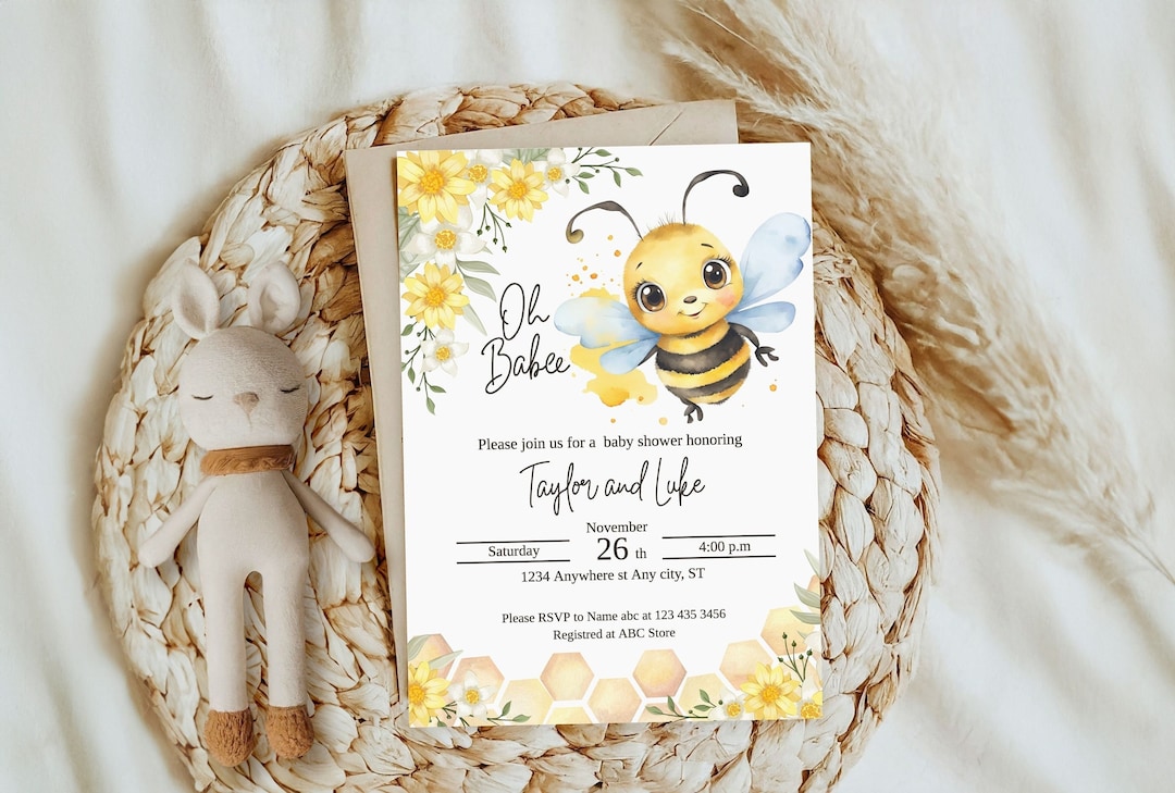 Bee Baby Shower Invitation: Yellow Floral, Gender Neutral (digital ...