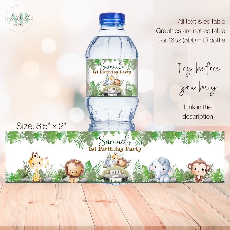 Safari Water Bottle Label, Jungle Animals Water Bottle Label, Editable ...
